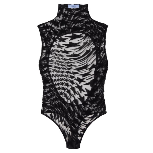 Mugler | Tops | Mugler Paris Flocked Stretch Mesh Star Bodysuit In ...